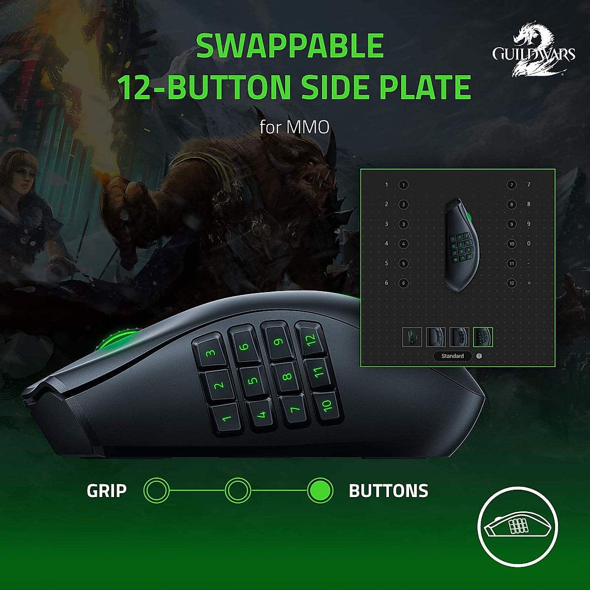 Razer Naga Pro Wireless Gaming Mouse: Interchangeable Side Plate w/ 2, 6, 12 Button Configurations - Focus+ 20K DPI Optical Sensor - Fastest Gaming Mouse Switch - Chroma RGB Lighting (Renewed)