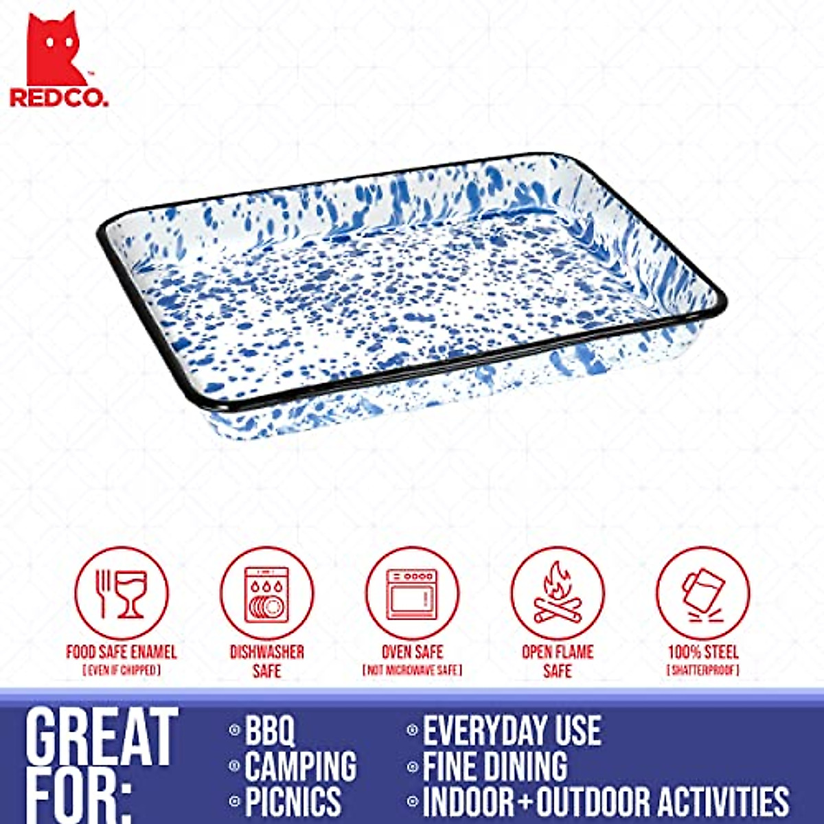 Red Co. 11" x 9" Enamelware Metal Classic 2 Quart Rectangular Serving Tray, Navy Blue Marble/Black Rim - Splatter Design