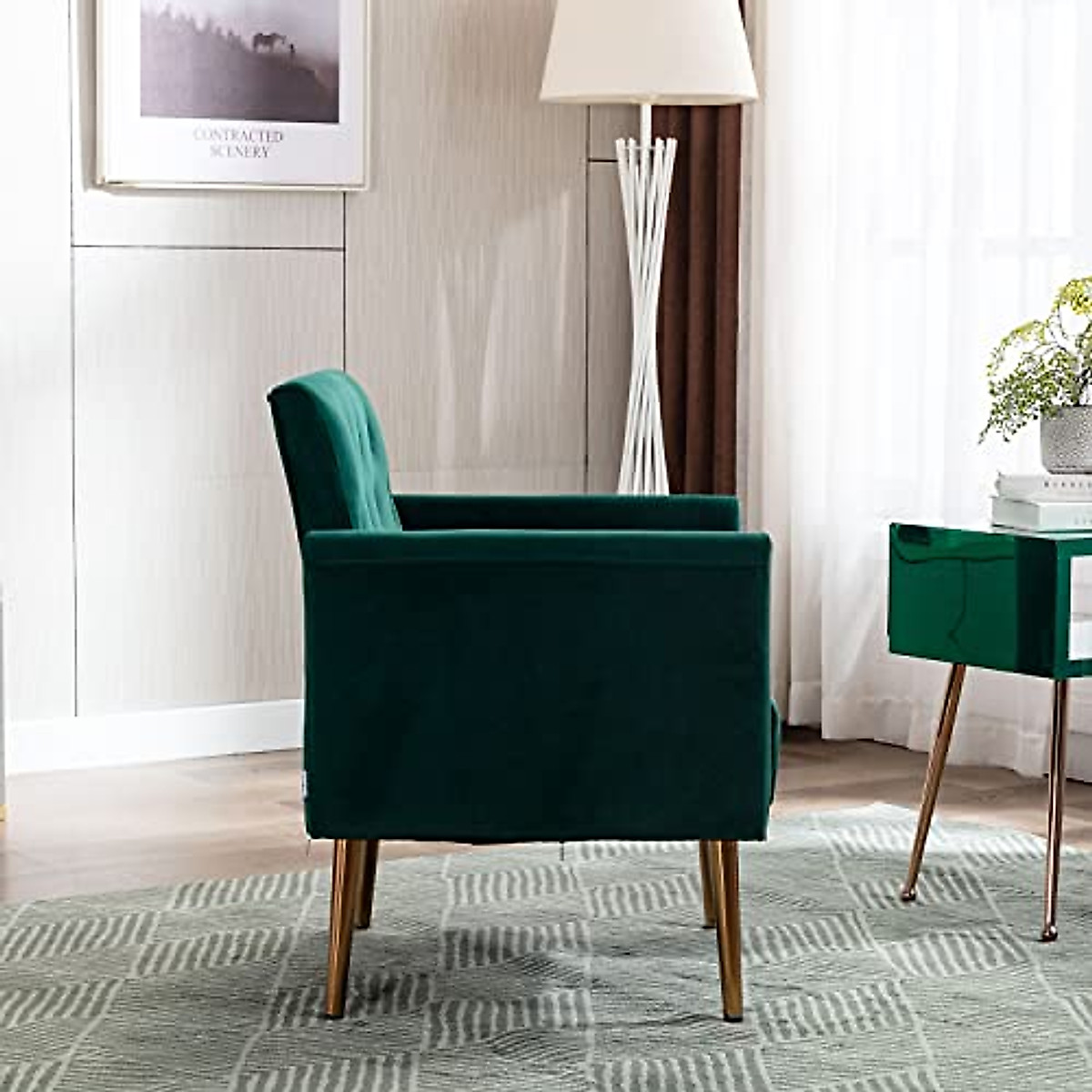 Olela Velvet Accent Chair with Arms for Living Room, Modern Tufted Single Sofa Armchair with Gold Metal Legs Upholstered Reading Club Chair for Bedroom Office Decorative (Green - Velvet)