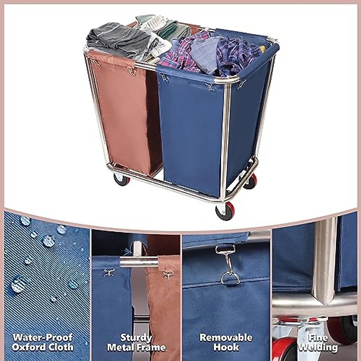 MYOYAY Laundry Cart with Wheels 350L Large Laundry Sorter 2 Section Laundry Basket with Steel Frame and Removable Bag Laundry Hamper Rolling Cart for Commercial/Home/Hotel, 35.4" x 25.5" x 32.2 "