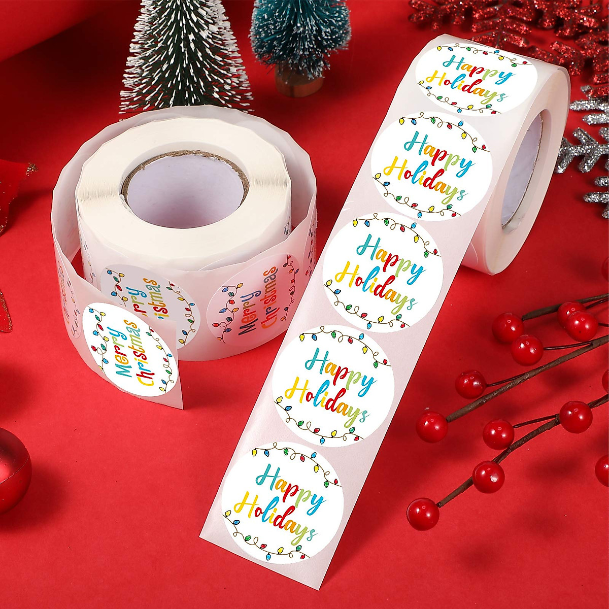 1000 Pieces 1.5 Inch Merry Christmas Stickers Holiday String of Lights Happy Holidays Happy New Year Stickers Labels Xmas Stickers for Christmas Party Presents Classroom Decoration