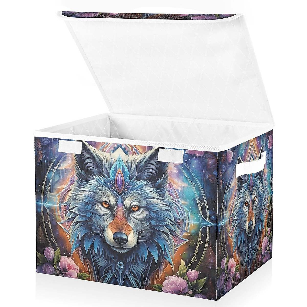 ZRWLUCKY Alchemy Occult Wolf Totem Storage Bins with Lids and Handle Collapsible Decorative Storage Box for Playroom, Office, Kids, Boys, Girls, Adults, Puppies