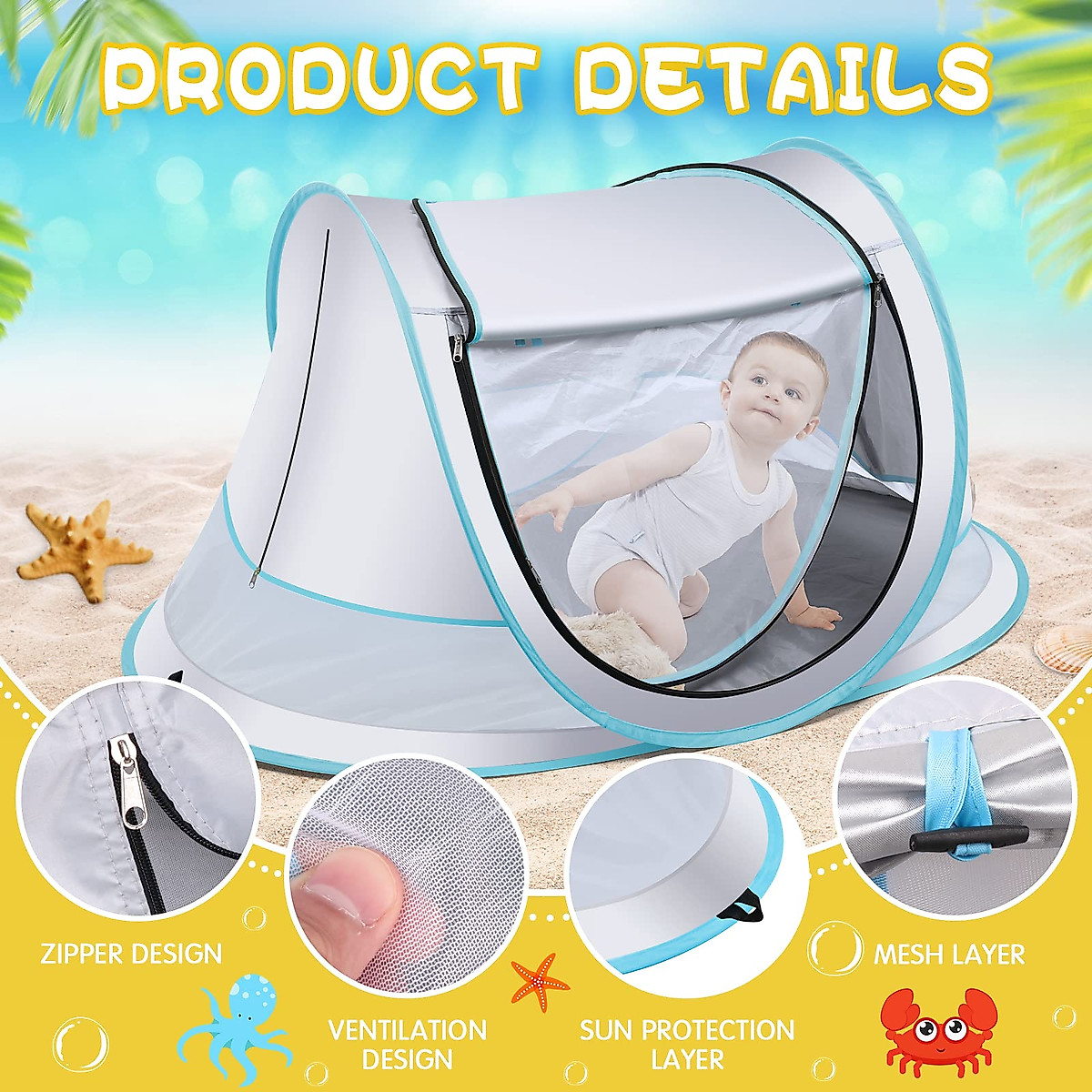 Baby Beach Tent,Large Pop Up Beach Tent Sun Shade for Beach,Portable Baby Travel Tent with Mosquito Net,Indoor Baby Play Tent,UPF 50+ UV Protection Sun Shelters1