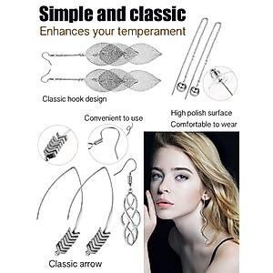 13 Pairs Metal Drop Dangle Earrings Set Curved Threader Dangle Earrings Double Twist Wave Long Bar Arrow Leaf Earrings (Silver)