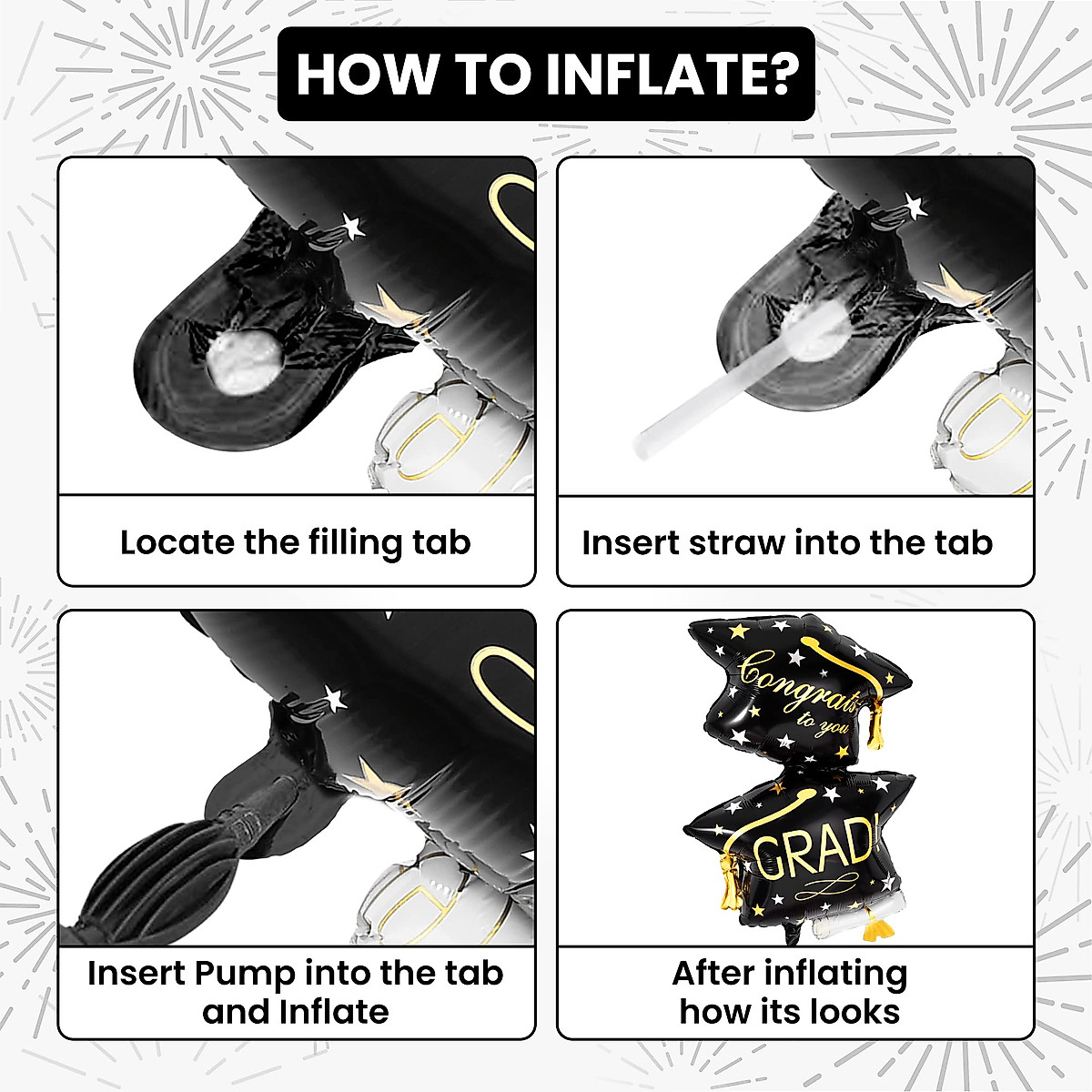 KatchOn, Black and Gold Graduation Hat Balloon - Big, 32 Inch, Pack of 4 | Congrats Grad Balloons | Graduation Balloons Class of 2024, Graduation Cap Balloon | Graduation Decorations Class of 2024