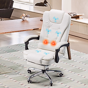 YODOLLA Executive Office Chair with 7 Points Massage&Heat Function, High Back Office Chair w/Footrest Reclining Swivel Home Office Chair, PU Leather Desk Chair, White