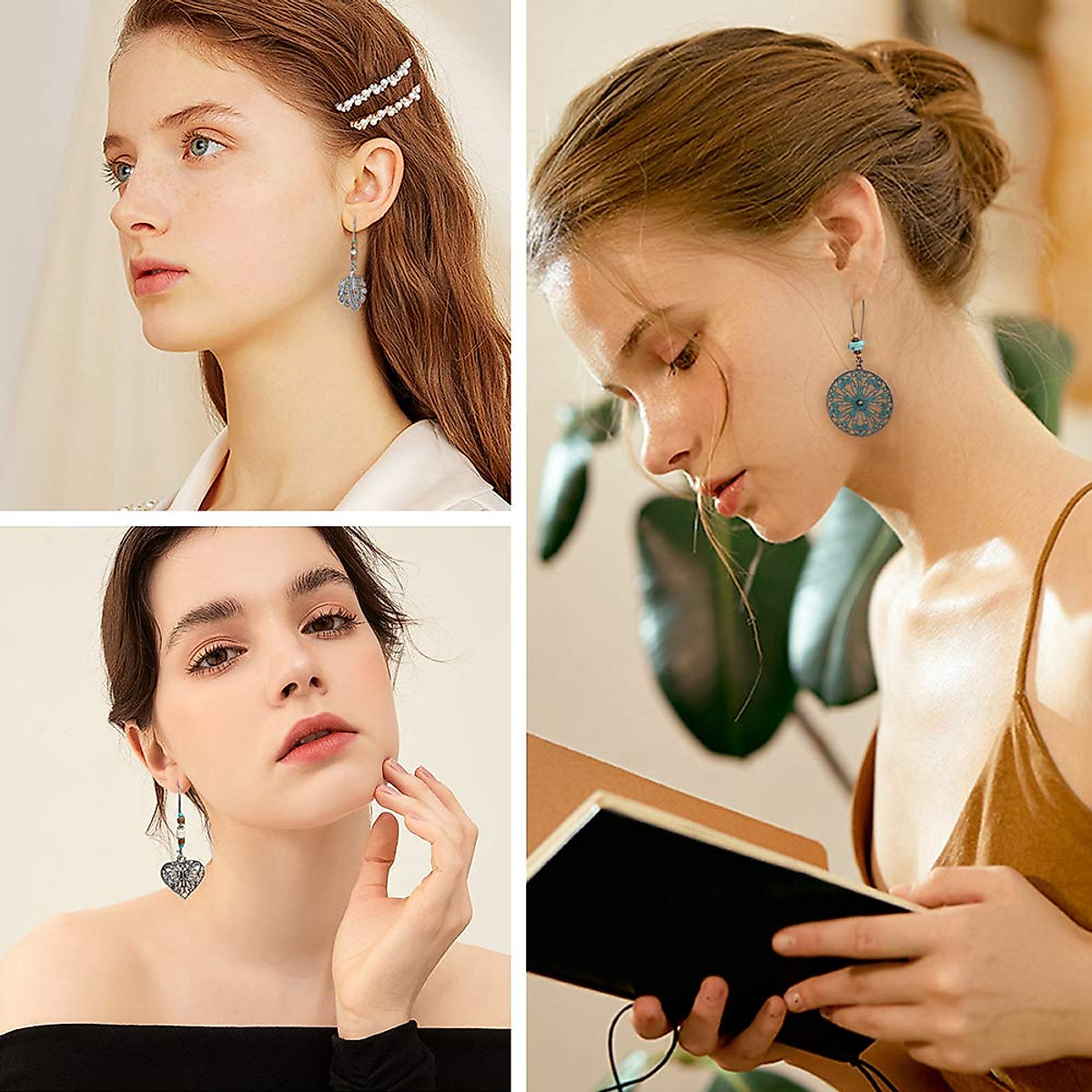 45 Pairs Fashion Hollow Drop Dangle Earrings Set for Women Girls Bohemian National Style Eardrop with Bronze Waterdrop Leaf Feather Shaped Vintage Jewelry for Gifts