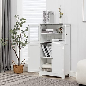 MELLCOM Bathroom Storage Cabinet, Floor Cabinet Cupboard, Wood Linen Cabinet with Doors and Adjustable Shelf,Wood Freestanding Cupboard for Living Room, Entryway, Kitchen, Ivory