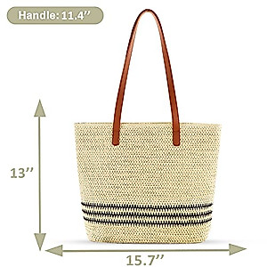QTKJ Beach Bag for Women, Summer Straw Bag, Hand-woven Tote Bag, Striped Leather Shoulder Strap Rattan Handbag, Large Shoulder Bag Suitable for Vacation Travel Daily (Khaki)