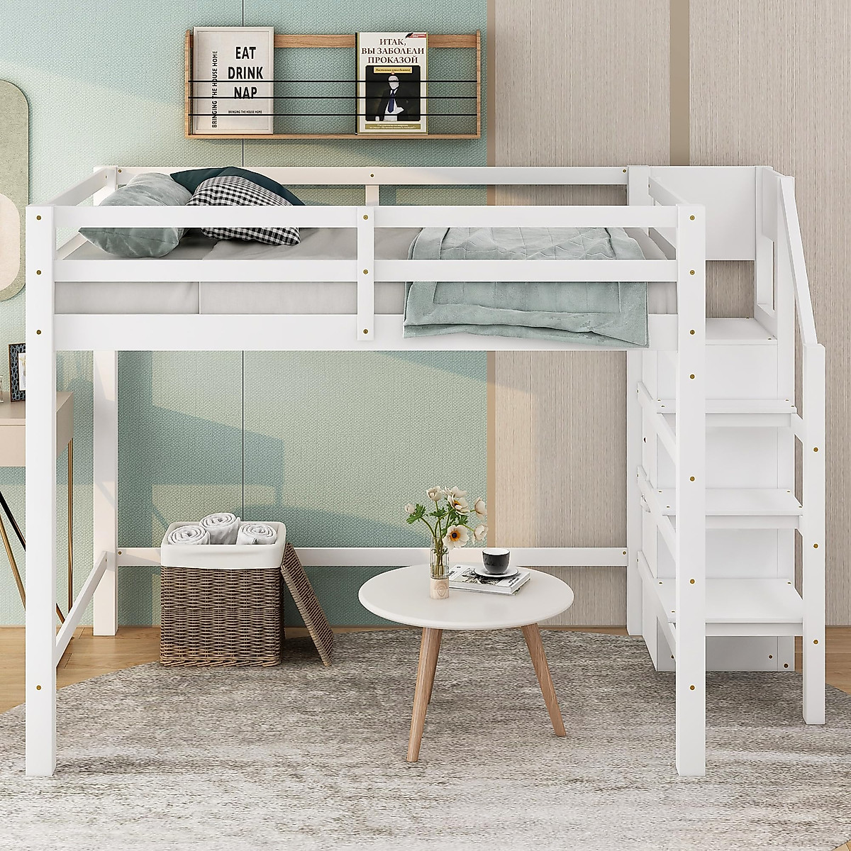 Harper & Bright Designs Full Loft Bed, Loft Bed Full Size with Storage Staircase and Wardrobe for Clothes, Wooden High Loft Bed Frame for Kids Girls Boys Bedroom, White