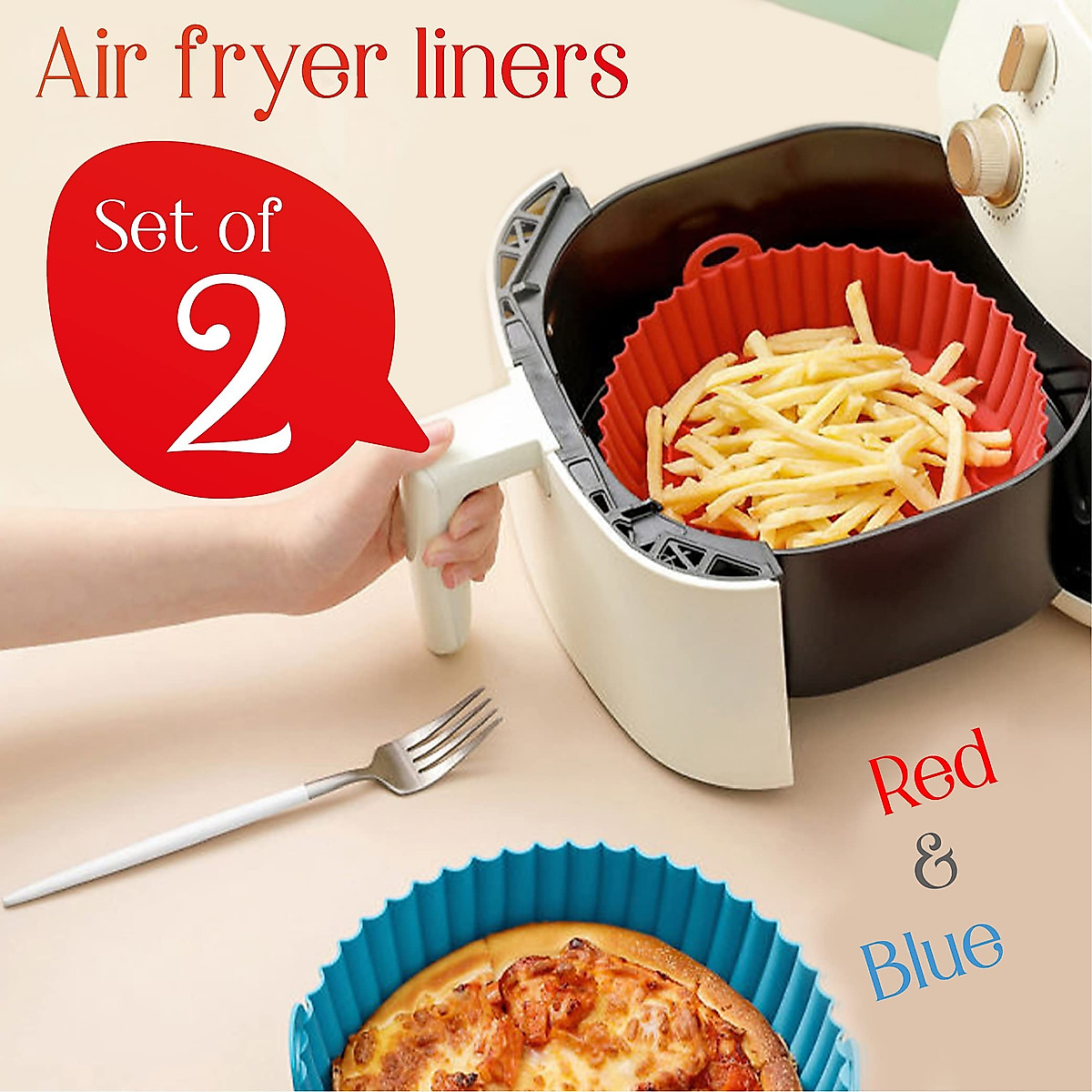 2 Pack Air Fryer Silicone Liners, Blue and Red Silicone Air Fryer Liner, Silicone Air Fryer Liners Reusable with Cooking Guide Times Sheet, Air Fryer Liners Silicone, Red Gloves