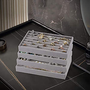 Ptaedex Stackable Velvet Jewelry Trays Organizer for Drawers, Small Jewelry Drawer Organizer Display Tray for Earring Ring Watch Bangle Bracelet Necklace, Set of 4, Gray