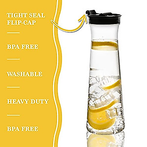 Clear Plastic Water Pitchers Carafes with Flip top Black Lids 34 OZ Heavy Duty Beverage Pitcher Jug for Juice or iced Coffee Great for Mimosa bar Restuarants ot Schools Pack of 2