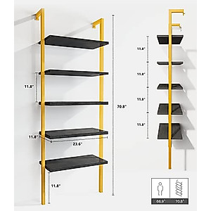 DKLGG 5-Tier Book Shelf Rack Against The Wall, Tall Ladder Shelf Wooden Bookcase Metal Frame Storage Plant and Flower, Single Standing Bookshelf Ladder ​for Living Room, Bedroom, Balcony, Home Office