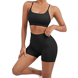 SUUKSESS Women Seamless 2 piece Workout Sets Strappy Padded Sports Bra Booty High Waisted Shorts Outfits (Black,M)