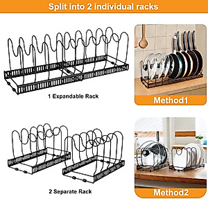 Pots and Pans Organizer,Expandable Pot Rack Organizer for Cabinet, Pot Lid Organizer Holder with 10 Adjustable Compartment Pans Holder for Kitchen Cabinet Cookware Baking Frying Rack Bake Ware Storage