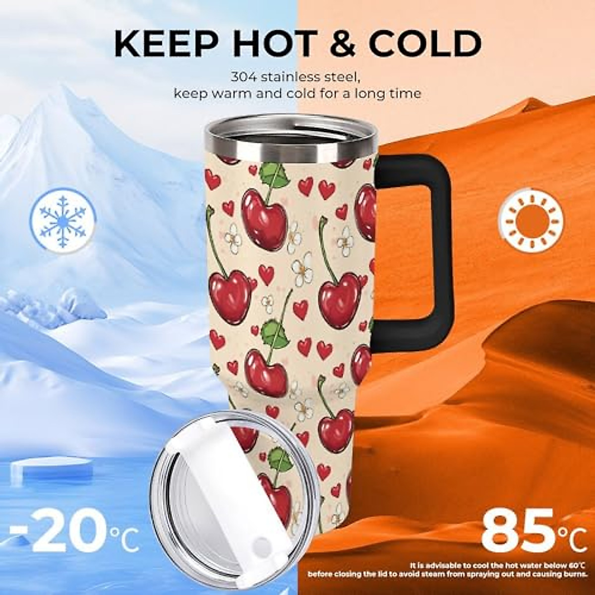 Cherry Flower Heart Tumbler with Handle Travel Mug Water Bottle Tea Coffee Cup Black-style