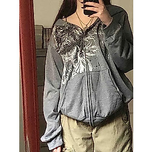 Winioder Women Y2K Zip Up Hoodie Vintage Graphic Oversized Hoodies Grunge Aesthetic Sweatshirt Jacket Skeleton Gothic Hoodie (B-Grey,X-Large)