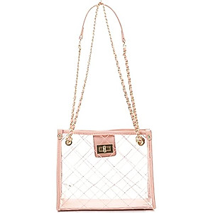 Stadium Concert Vegan Leather Transparent Clear Tote Bag Satchel Crossbody Purse Handbag (Chain 2 Way Square Tote - Pink)