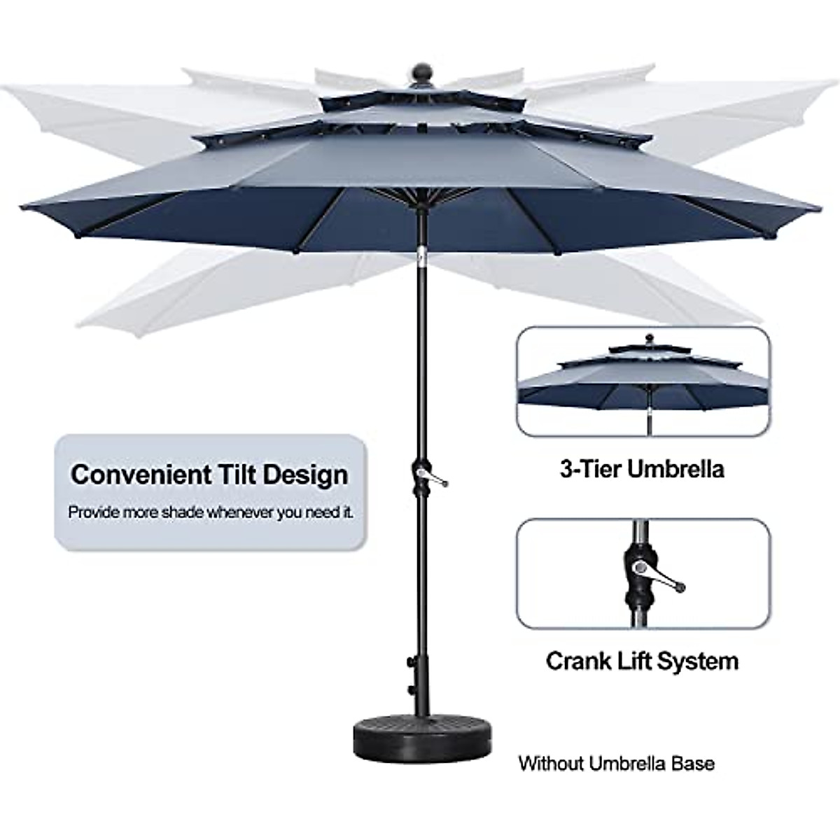 DOIT 10Ft Patio Umbrella with 8 Sturdy Ribs,Outdoor Table Market Umbrella Three Tires Roof with w/Tilt Adjustment and Crank for Garden,Deck,Backyard,Pool (No Base)