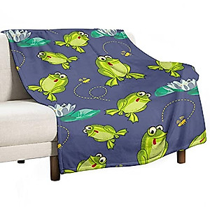 Frog in Lotus Pond Throw Blanket for Couch Bed Flannel Lap Blanket Lightweight Cozy Plush Blanket for All Seasons 50"x70"