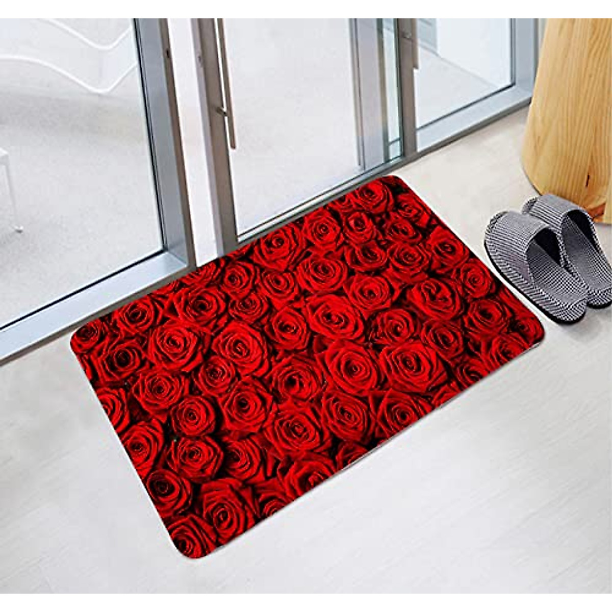 Red Rose Flower Print 17MM Thick Memory Foam Bathroom Carpet and Door Mat Non-Slip Absorbent Super Bath Mats Comfortable Flannel Bathroom Carpet Bed Rug 29 X 17 Inches
