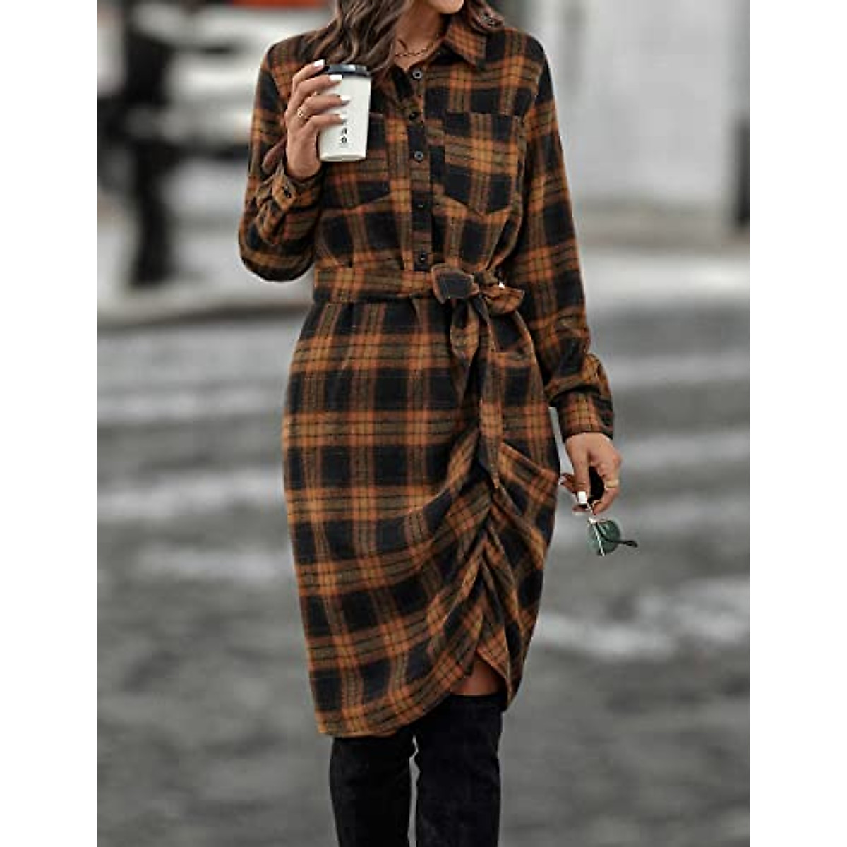 Blooming Jelly Womens Plaid Dresses Flannel Ladies Dresses Casual Tunic Dress Shirt Button Down Dress with Belt(Medium,Brown)