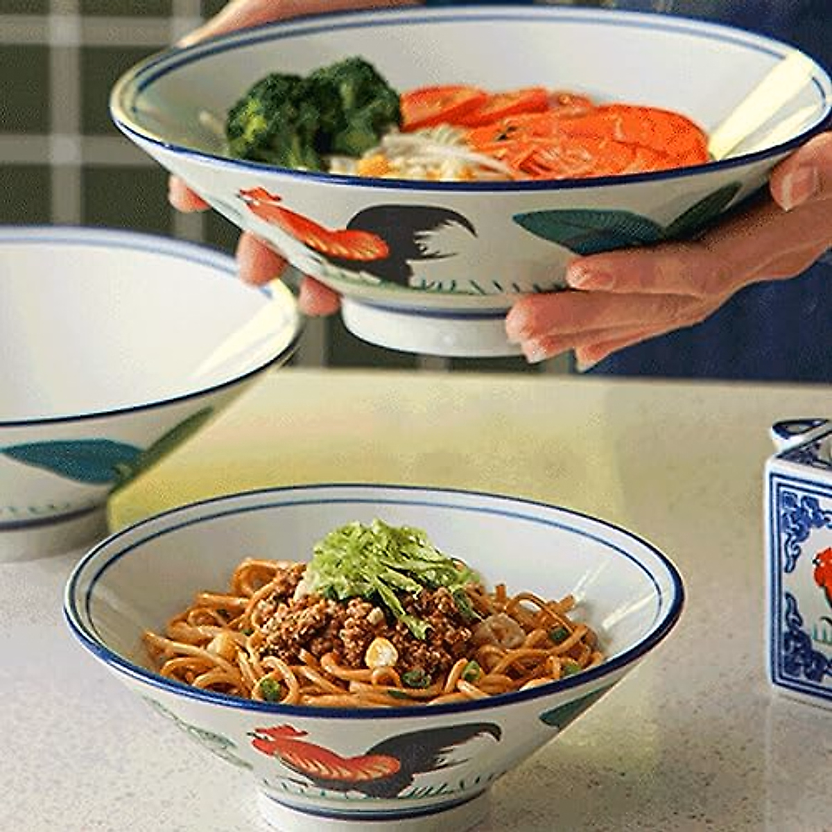 Kichvoe 7Inch Japanese Porcelain Bowl Ceramic Ramen Bowl Retro Rooster Pattern Serving Bowl For Salad Soup Rice