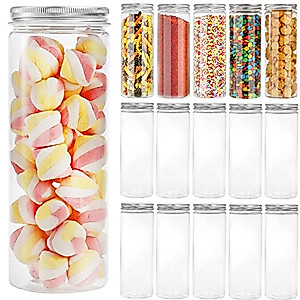 Tebery 16 Pack Plastic Spice Jars Bottles Containers with Lids 17oz Clear Straight Cylinders Plastic Canisters for Food & Home Storage
