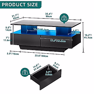 YITAHOME LED Coffee Table with Storage, High Glossy LED Coffee Tables for Living Room, Small Center Table with Open Display Shelf & Sliding Drawers, Black