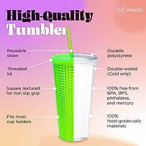WEST & FIFTH Grid Plastic Cold-Cup Tumbler with Straw, Iridescent Semi-Transparent Square-Textured Cup, BPA-Free Double-Wall Cup for Iced Coffee, Cold Drinks, or Water, 24oz., Neon Green