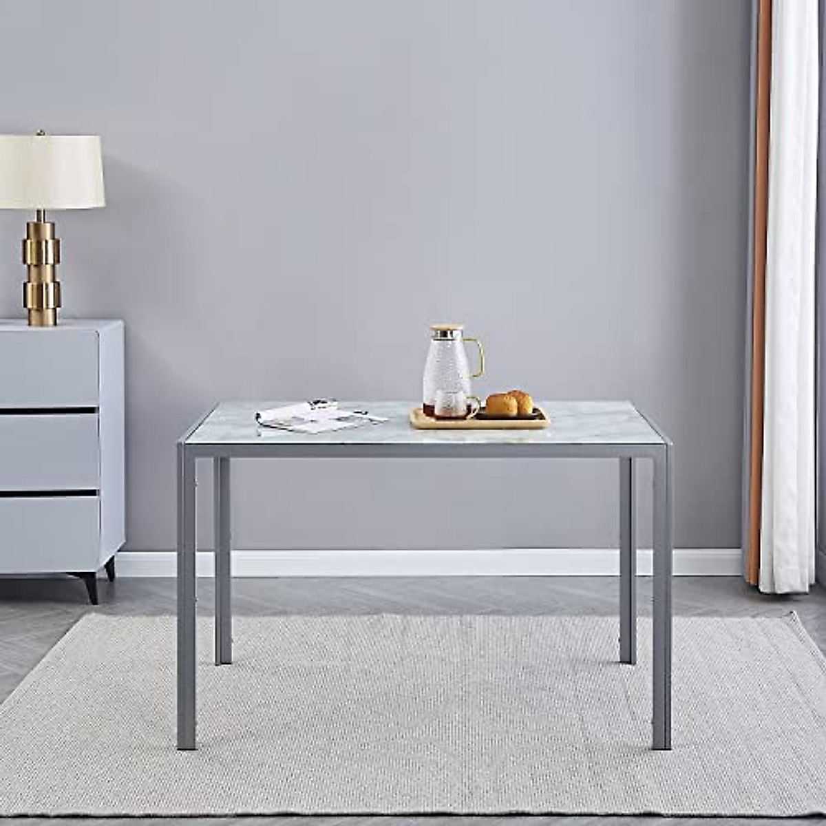 Paonne Gray Marble Dining Table Rectangular, Gray Kitchen Table with Tempered Glass Tabletop and Metal Frame, Glass Dining Table for Restaurant and Apartment (45.3" * 27.5" * 29.5")