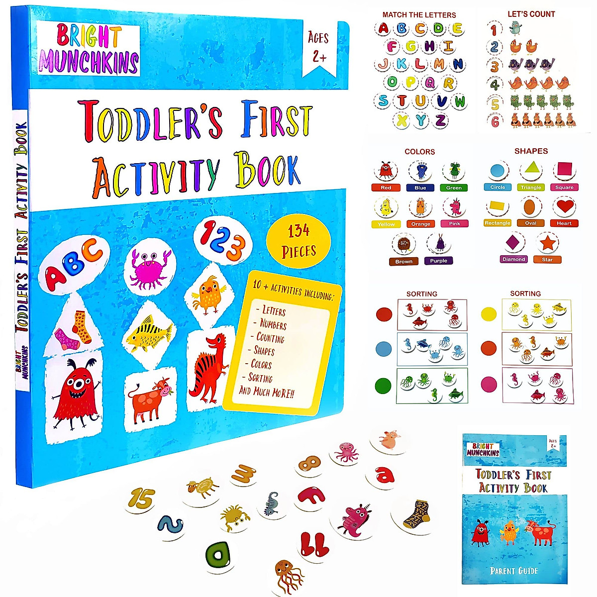 Bright Munchkins Toddler Busy Book - Preschool Learning Activities Book for Ages 2-4, Preschool Toddler Learning Toys & Montessori Toys, Autism Sensory Toys, 134 Piece Set with 10+ Activities