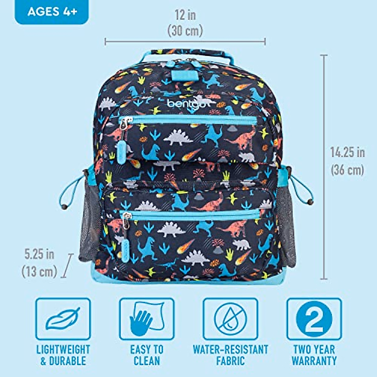 Bentgo® Kids Backpack - Lightweight 14” Backpack in Unique Prints for School, Travel, & Daycare - Roomy Interior, Durable & Water-Resistant Fabric, & Loop for Lunch Bag (Dinosaur)