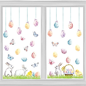 Happy Easter Wall Stickers Easter Egg Wall Decals Easter Bunny Wall Decals Peel and Stick Rabbit Wall Stickers Bunnies Colorful Butterfly Wall Stickers Removable Easter Window Stickers Decorations