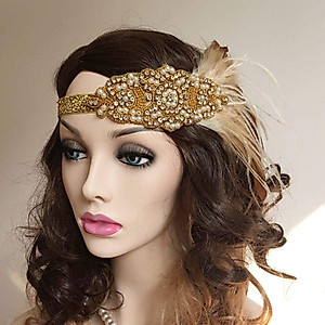Asooll 1920s Feather Headband Gold Vintage Crystal Flapper Headpiece Headdress Prom Head Accessories for Women and Girls