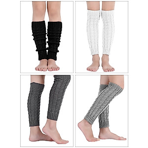 4 Pairs Leg Warmers for Women Girls Winter Long Leg Warmers Cable Knitted Crochet Boot Socks (White, Gray, Light Gray, Black)