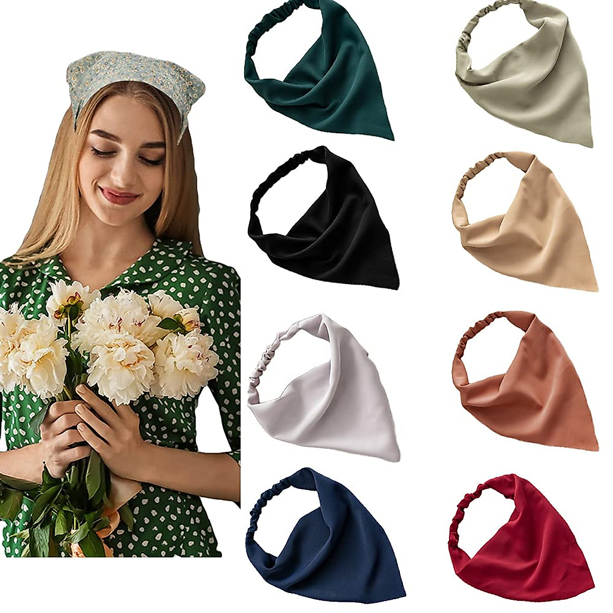 DINPREY Elastic Hair Scarf Headband for Women Bandana Headbands for Women Chiffon Head Kerchief Boho Scarf Bandanas with Hair (8 Colors Solid A)