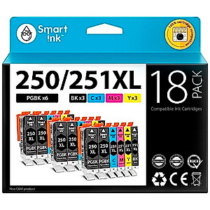 Smart Ink Compatible Ink Cartridge Replacement for Canon PGI 250 PGI-250 XL CLI 251 CLI-251 (6PGBK &3BK/C/M/Y 18 Pack Combo) for Pixma MG5420 MG5422 MG5520 MG5522 MG5620 MG6620 iP7220 iX6820 MX722