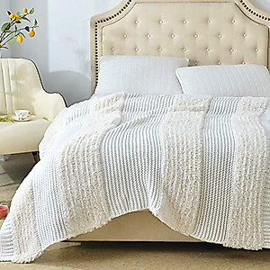 DECOSY Faux Fur Knitted Throw Blanket, Soft Warm Cozy Woven Blanket for Women, Men and Adults, Lightweight Decorative Blanket for Couch, Bed, Sofa, Travel, Suitable for All Seasons (Ivory, 50"x 60")