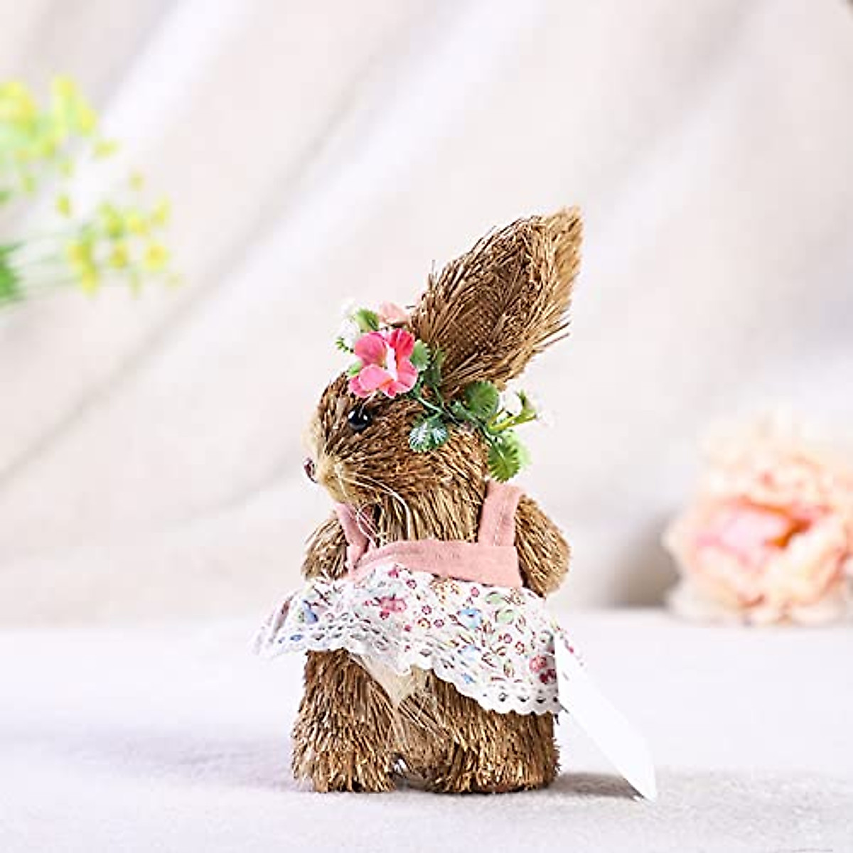 Okngr Easter Bunny Straw Figurine, Standing Rabbit Statue,Handmade Straw Cute Bunny Ornament, Easter Day Straw Bunny Figurine Decor Handmade Ornaments Gifts for Home Table Decorations