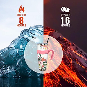 Exacmos 40 oz Tumbler with Handle and Straw 40 oz Floral Cup Insulated Stainless Steel Coffee Travel Mug Spill Proof Leak Proof Slim 40oz Tumbler with Handle Floral Decor Stuff Gifts for Women