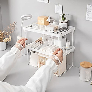 Cuteam Dormitory Storage Rack, Space-Saving Plastic Shelves Desktop Storage Rack Tiered Pot Rack Single Layer Desk Organizer for Dorm White L