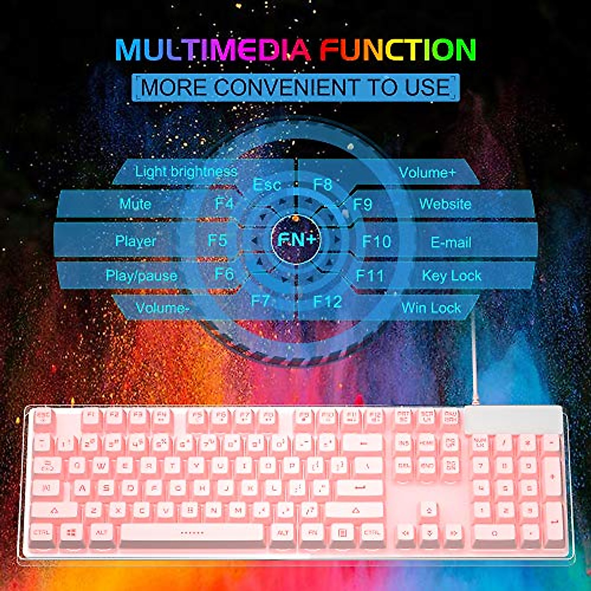 Gaming Keyboard and Mouse Combo, K1 7 Colors LED Backlit with 104 Keys Computer Keyboard for PC/Laptop (White & Pink)