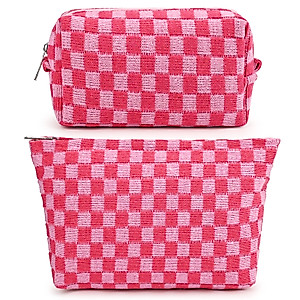 SOIDRAM 2 Pieces Makeup Bag Large Checkered Cosmetic Bag Capacity Canvas Mix Travel Toiletry Bag Organizer Cute Makeup Brushes Aesthetic Accessories Storage Bag for Women, Checkered Mix Rose Red