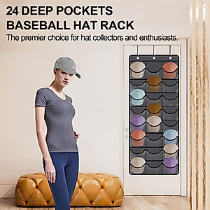 InterMaka Hat Rack for Door - 24 Clear Deep Pocket Cap Racks for Baseball Caps, Premium Hat Storage with 3 Sturdy Hooks, Versatile Hat Holder & Ball Hat Organizer for Optimal Display Grey