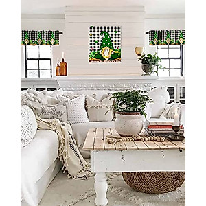 Valances for Windows St. Patrick's Day Clover Gold Coin Gnomes Black White Buffalo Plaid Kitchen Valances for Windows Rod Pocket Window Valance Curtains,Semi Sheer Valance for Kitchen 54" x18"