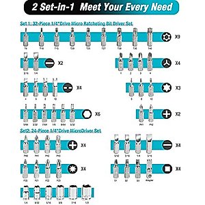 DURATECH 56-pieces 1/4" Mini Ratchet Wrench and Screwdriver Bit Set, 2 Set-in-1, 72-Tooth and 60-Tooth with Bit Socket Set, Storage Cases Included