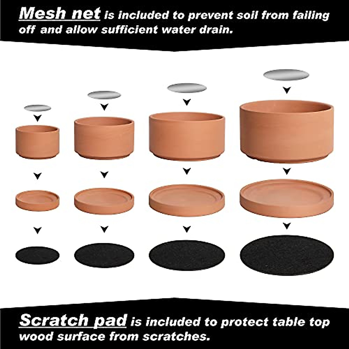 D'vine Dev Set of 4 Terracotta Shallow Planter Pots for Succulent, 3 Inch 4 Inch 5 Inch 6 Inch, Small Flower Plant Pots with Drainage and Saucer, 40-D-L-1