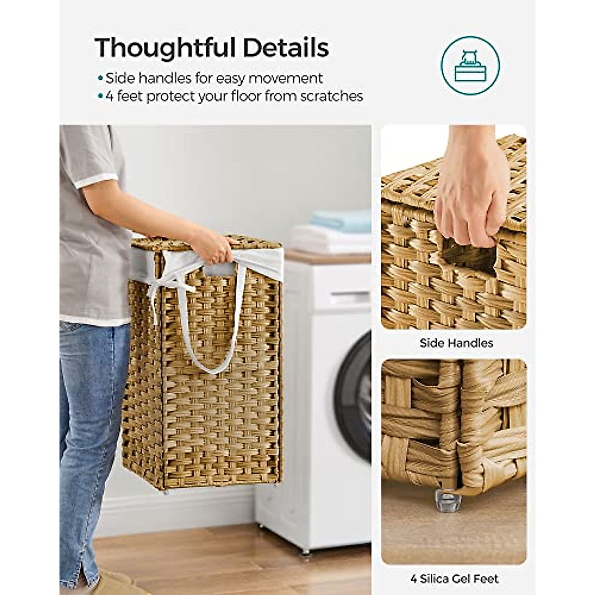 SONGMICS Laundry Hamper with Lid, 17.2 Gallon (65L) Synthetic Rattan Clothes Laundry Basket with Lid and Handles, Foldable, Removable Liner, Natural ULCB165N01